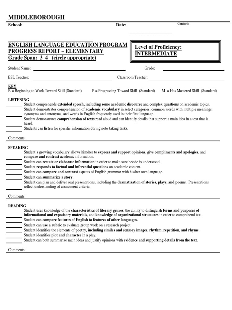3 4 Intermediate Esl Report Card English Pdf Reading Comprehension