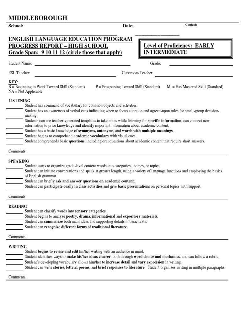 9-12 Early Int Esl Report Card English | PDF | English As A Second Or ...