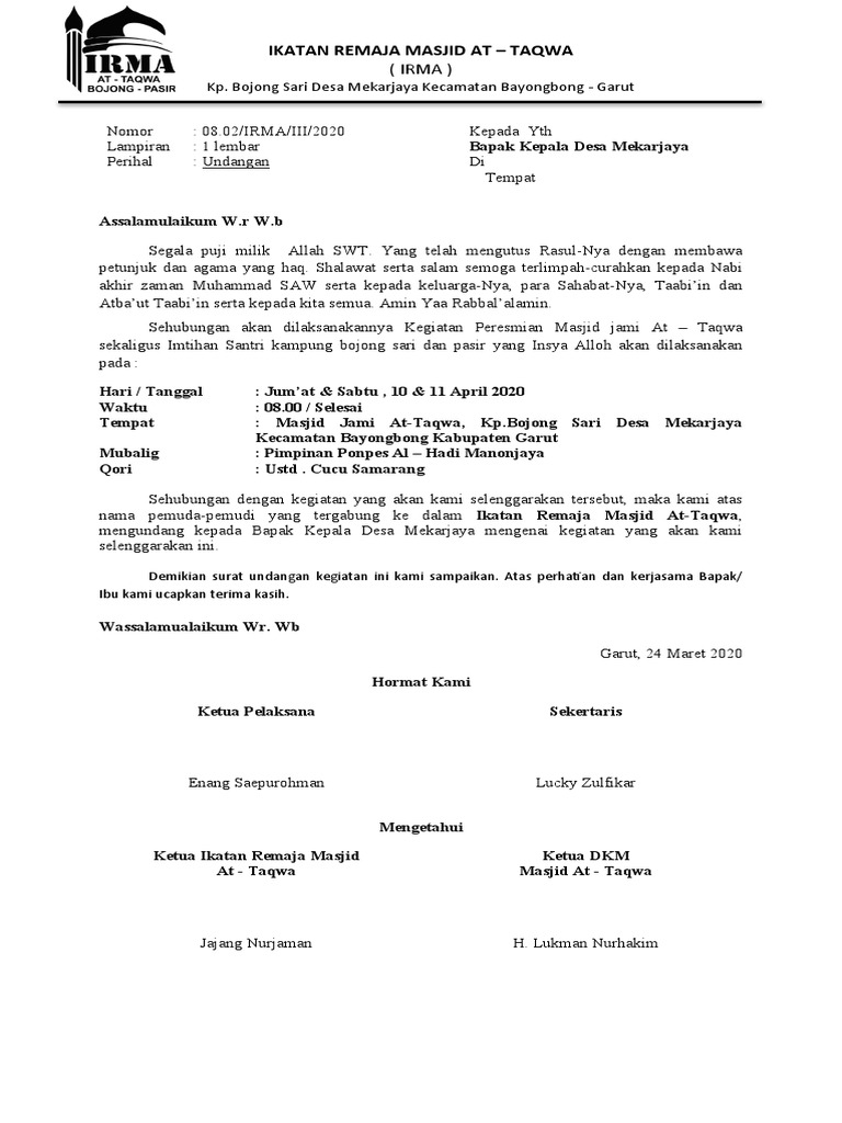 Surat Undangan Kepala Desa Mekarjaya | PDF