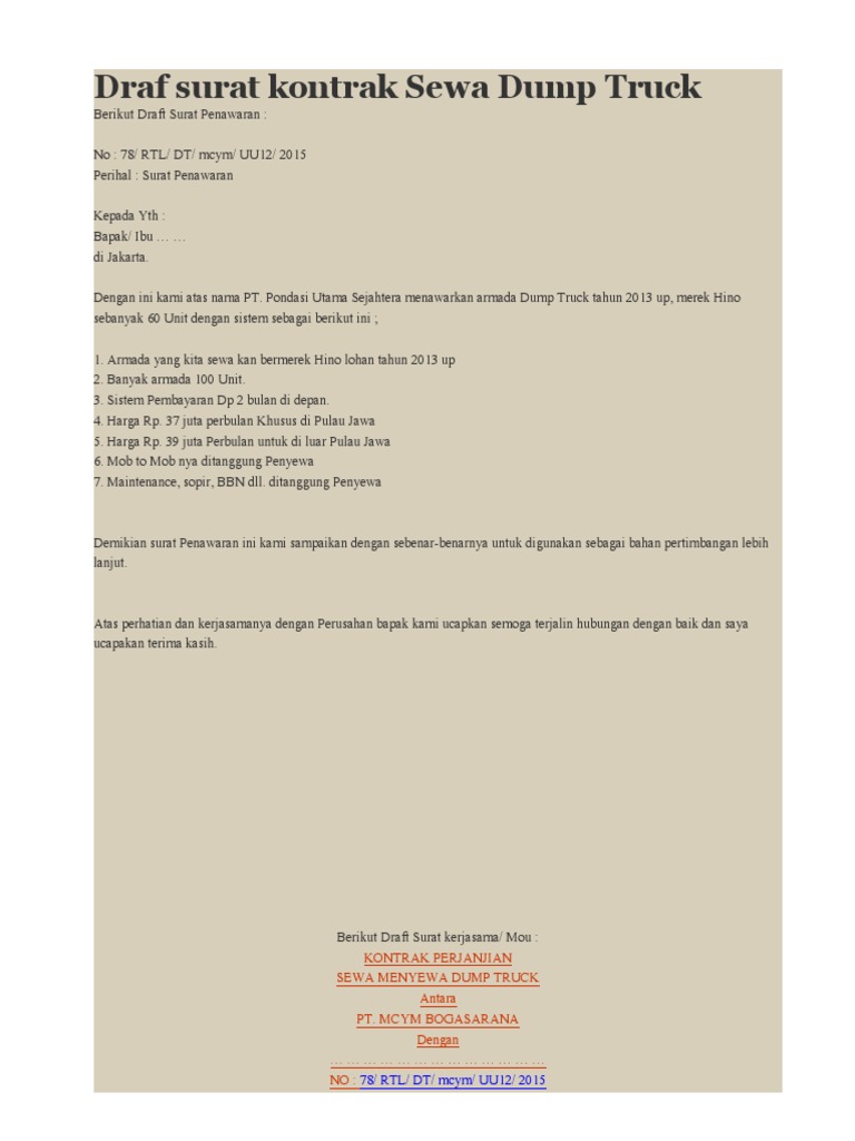 Draf Surat Kontrak Sewa Dump Truck | PDF