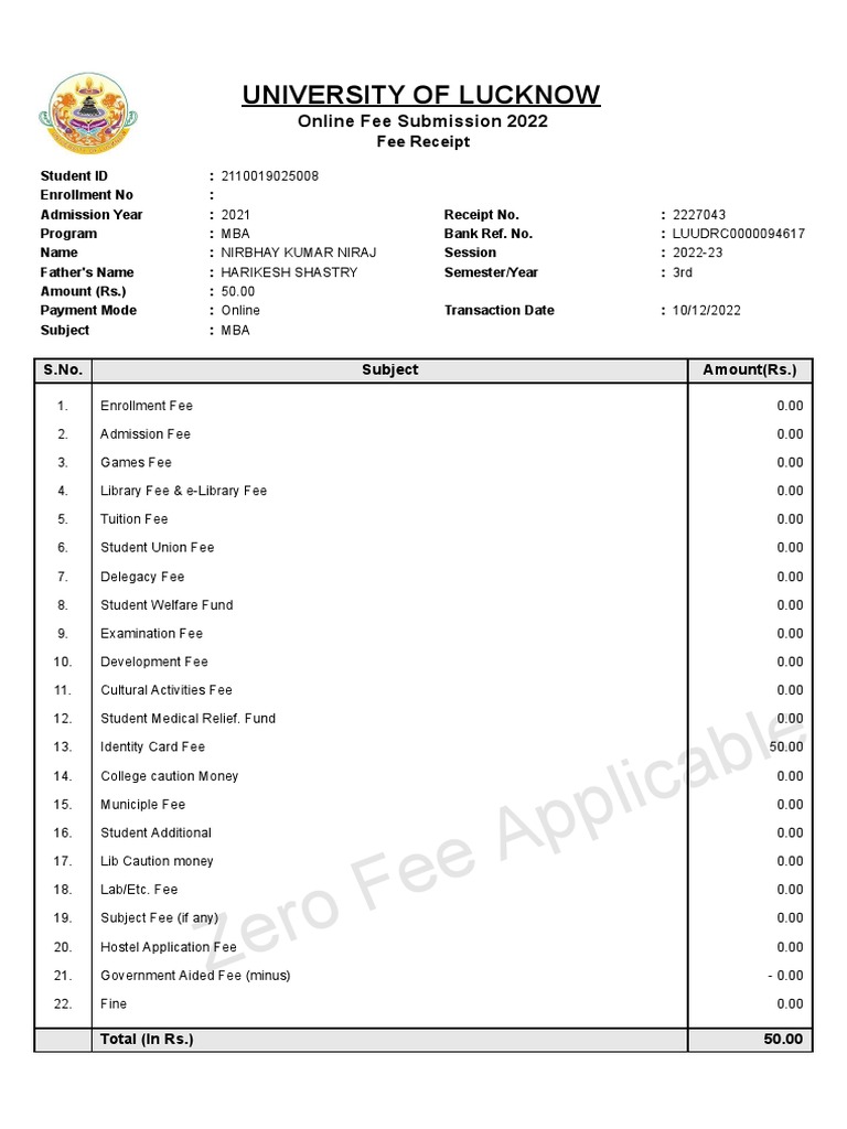 Lucknow University MBA Fee Receipt 2022 | PDF | Business | Payments