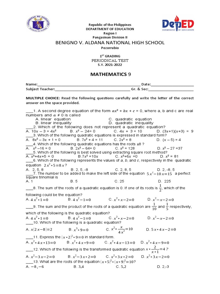 Math 9 1ST Grading Periodical Test | PDF | Quadratic Equation ...