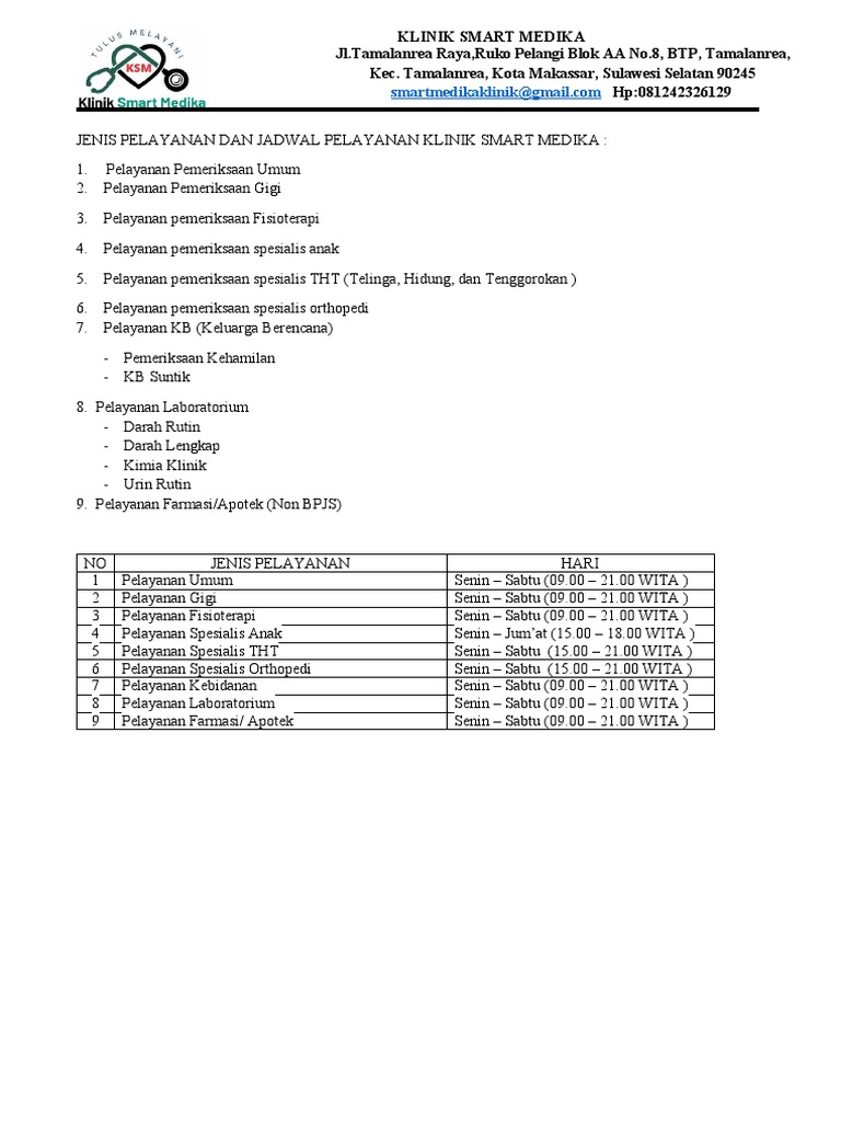 Jenis Pelayanan Dan Jadwal Pelayanan | PDF