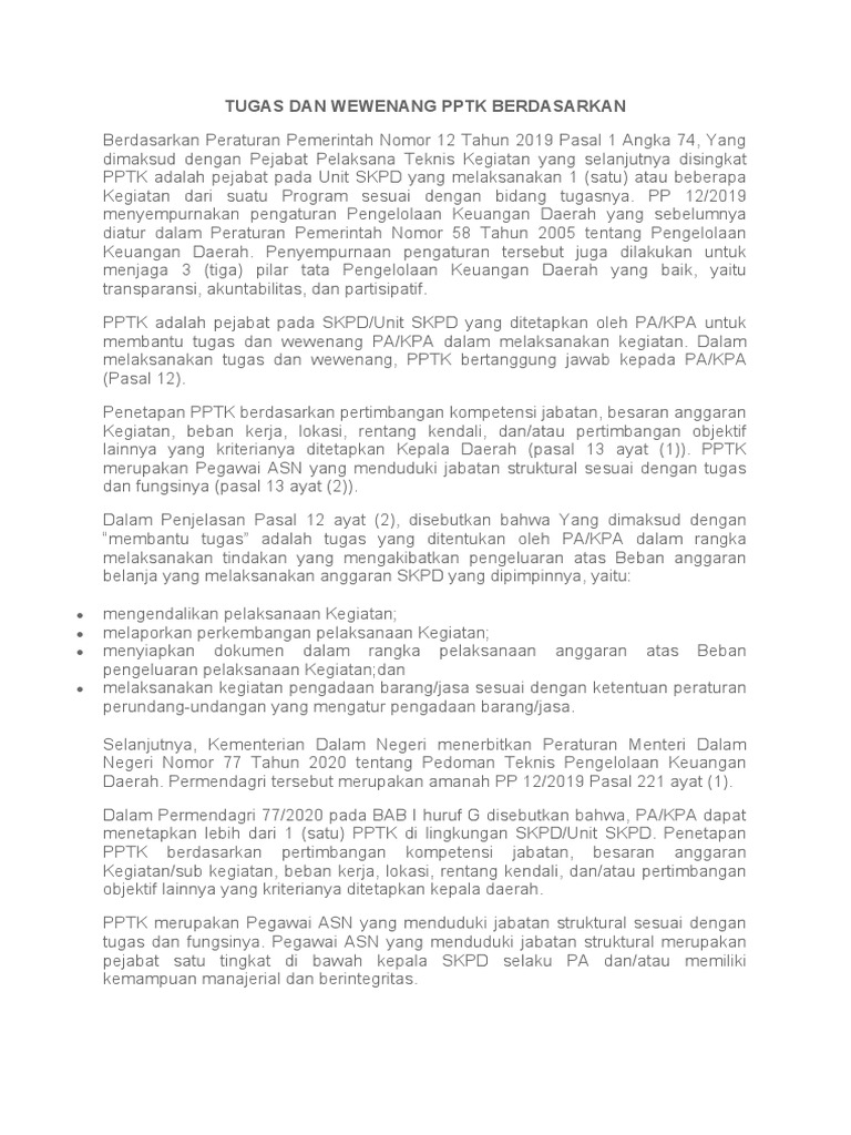 Tugas Dan Wewenang PPTK Berdasarkan | PDF