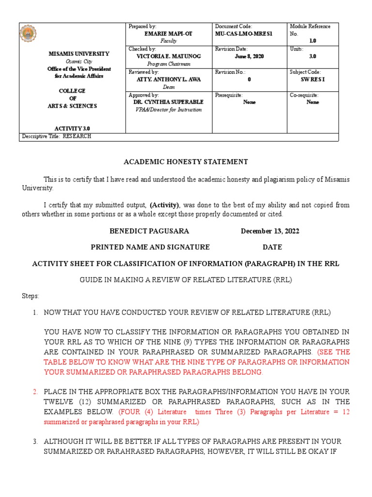 2022 Activity Guide Making RRL and Classification of Paragraph | PDF | Major Depressive Disorder ...