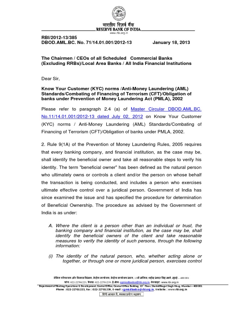 RBI - Determination of A Beneficiary Owner | PDF | Money Laundering ...