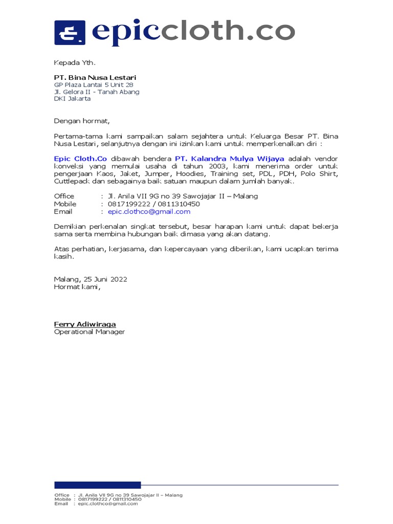 Surat Penawaran & Perkenalan Seragam BNL | PDF