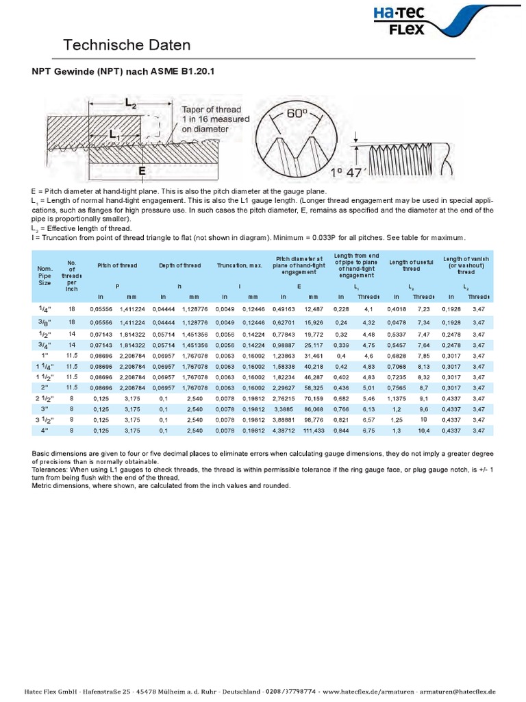 NPT Gewinde NPT Nach ASME B1.20.1 | PDF