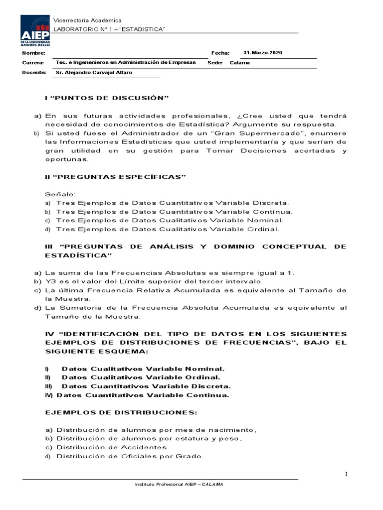 Laboratorio #1 - Estadística - 31-03-2020 | PDF | Estadísticas | Datos