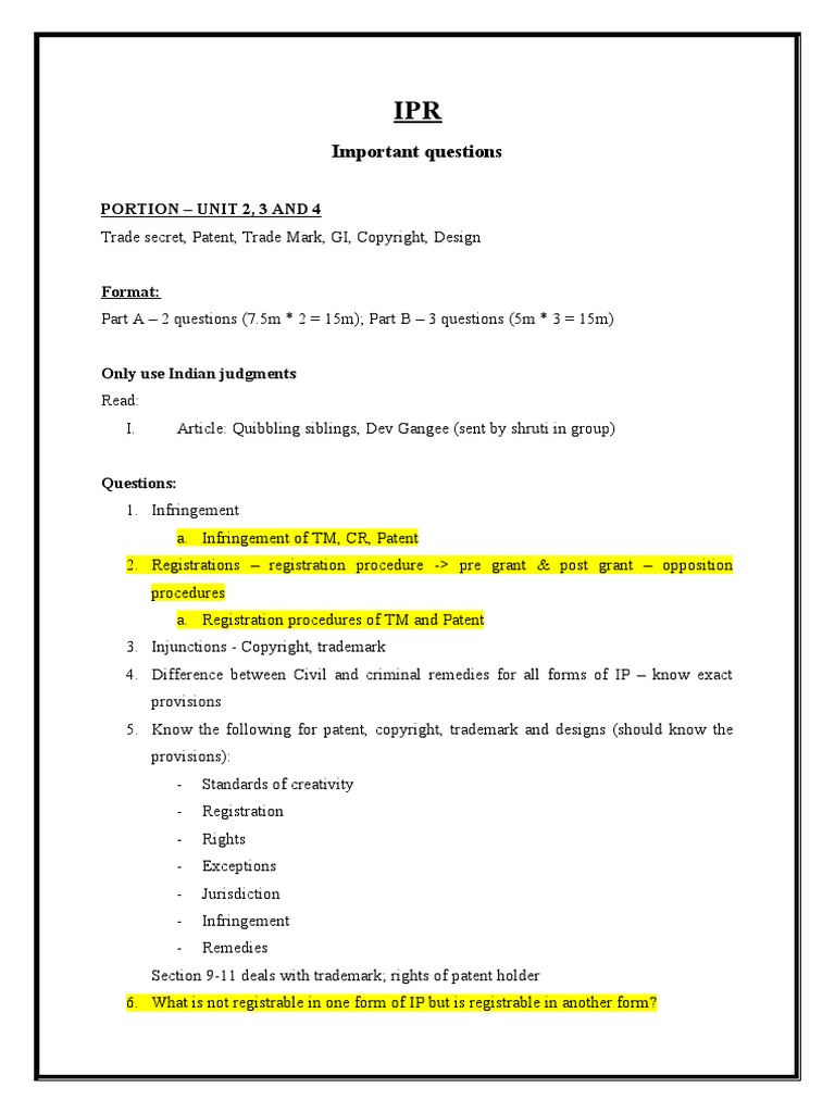 IPR Important Questions | PDF | Intellectual Property | Trademark
