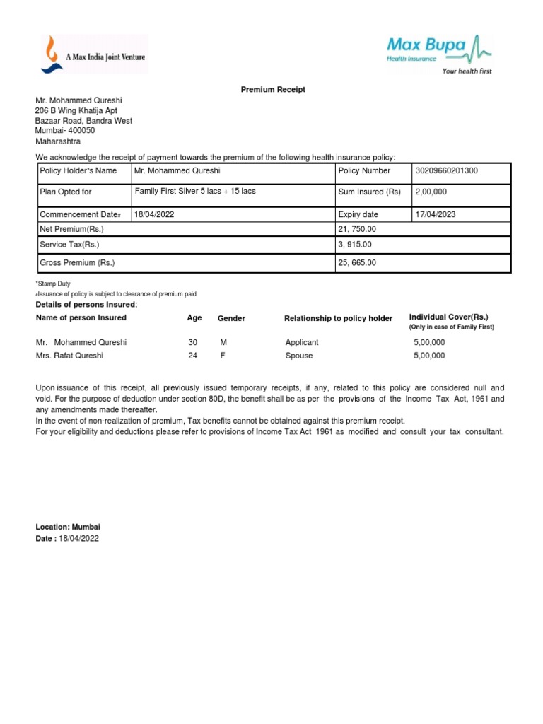 Health Insurance Premium Receipt | PDF