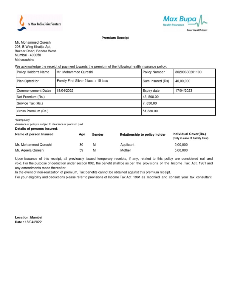 Health Insurance Premium Receipt | PDF