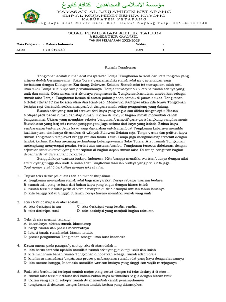 Soal Ulangan Semester Ganjil Bahasa Indonesia Kelas 7 | PDF
