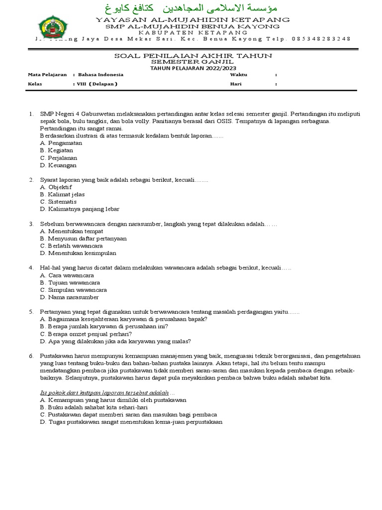 Soal Ulangan Semester Ganjil Bahasa Indonesia Kelas 8 | PDF