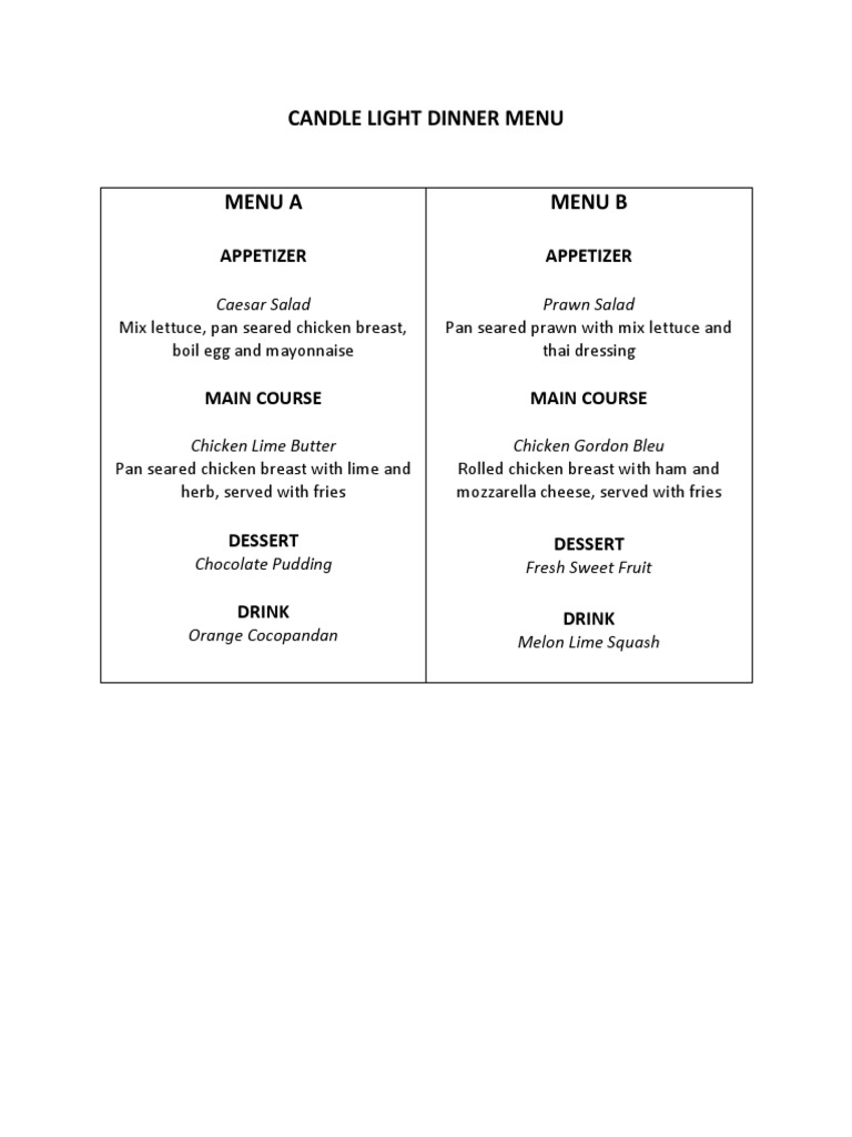 Candle Light Dinner Menu | PDF
