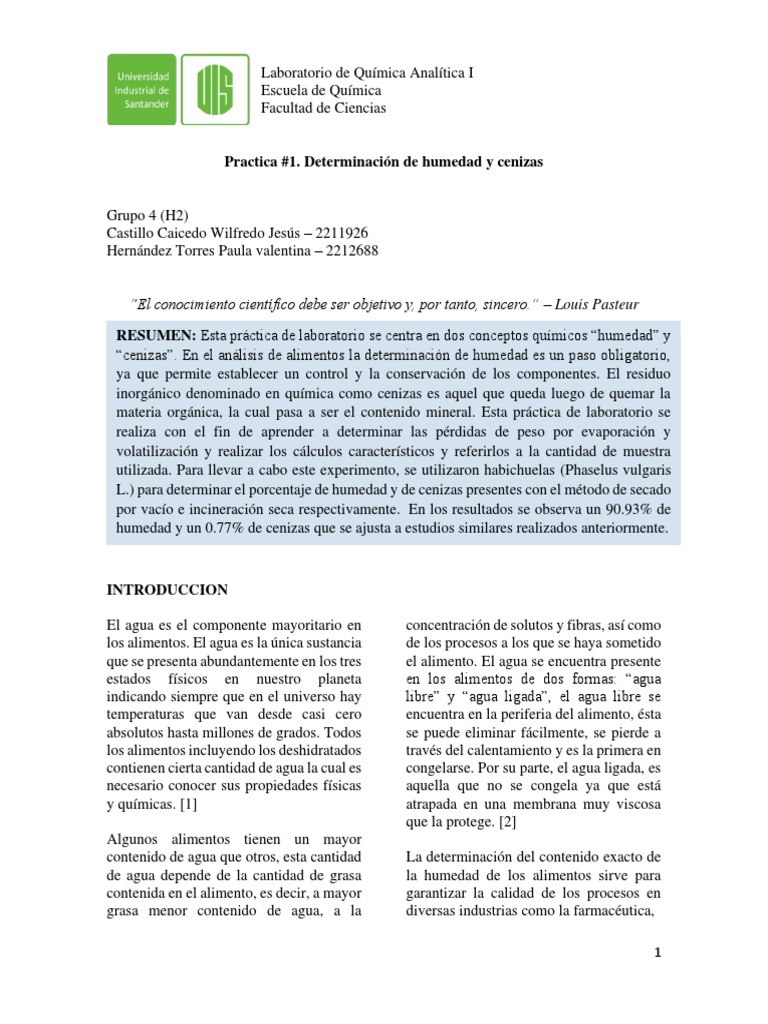 Determinación de Humedad y Cenizas en Alimentos | PDF | Alimentos | Agua