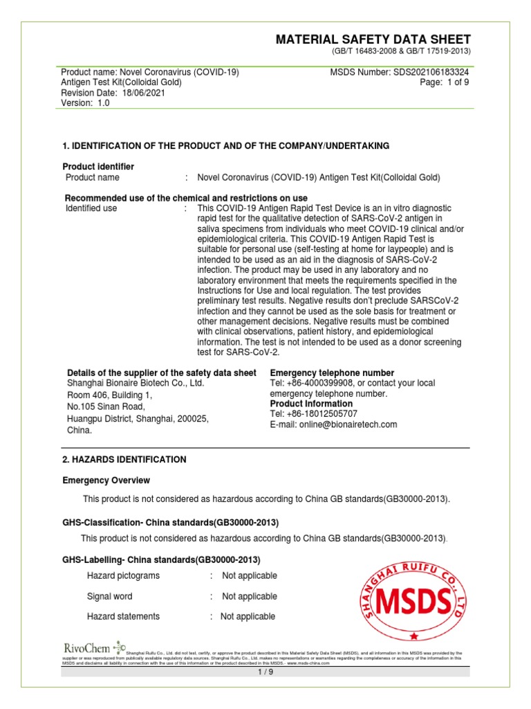 MSDS Antigen | PDF | Dangerous Goods | Chemistry