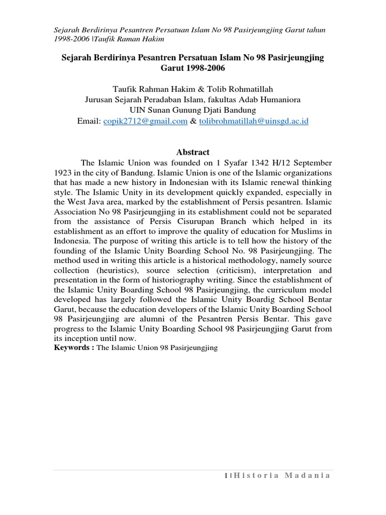 Sejarah Berdirinya Pesantren Persatuan Islam No 98 Pasirjeungjing Garut