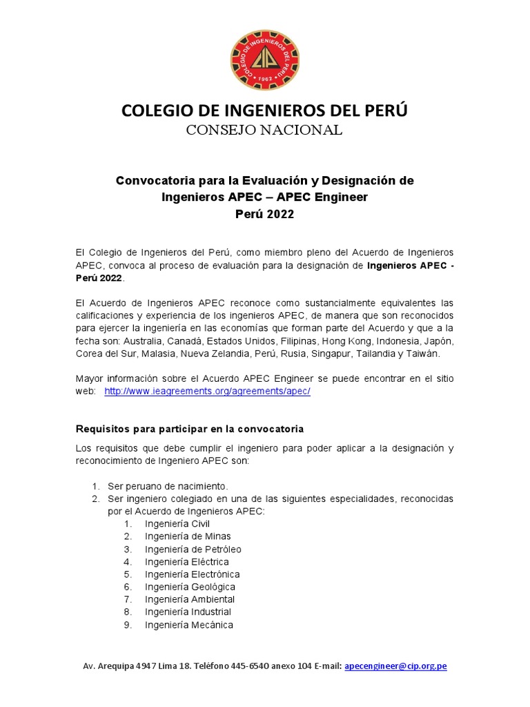 Cuarta Convocatoria Apec Engineer Peru | PDF | Ingeniería