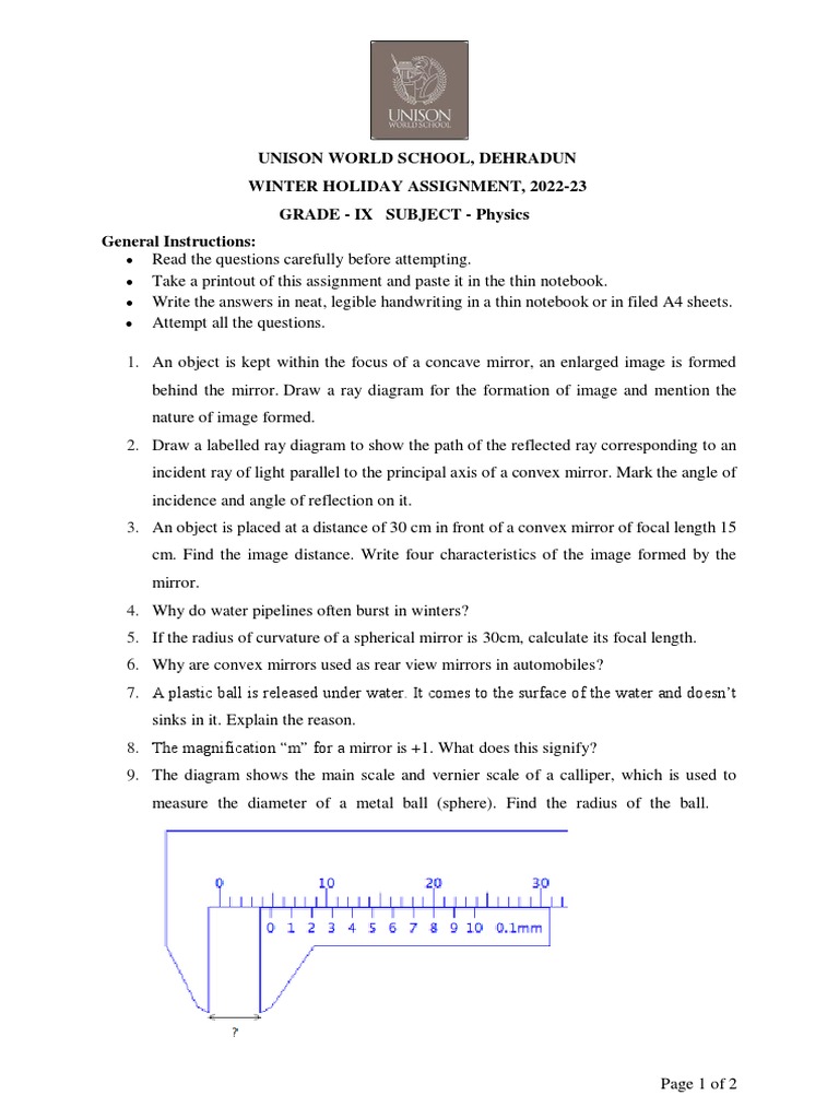 Grade IX - PHYSICS - Assignment | PDF | Mirror | Mechanics