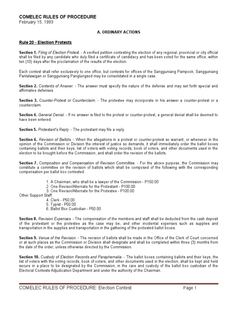 COMELEC RULES OF PROCEDURE Election Contest | Download Free PDF | Brief ...