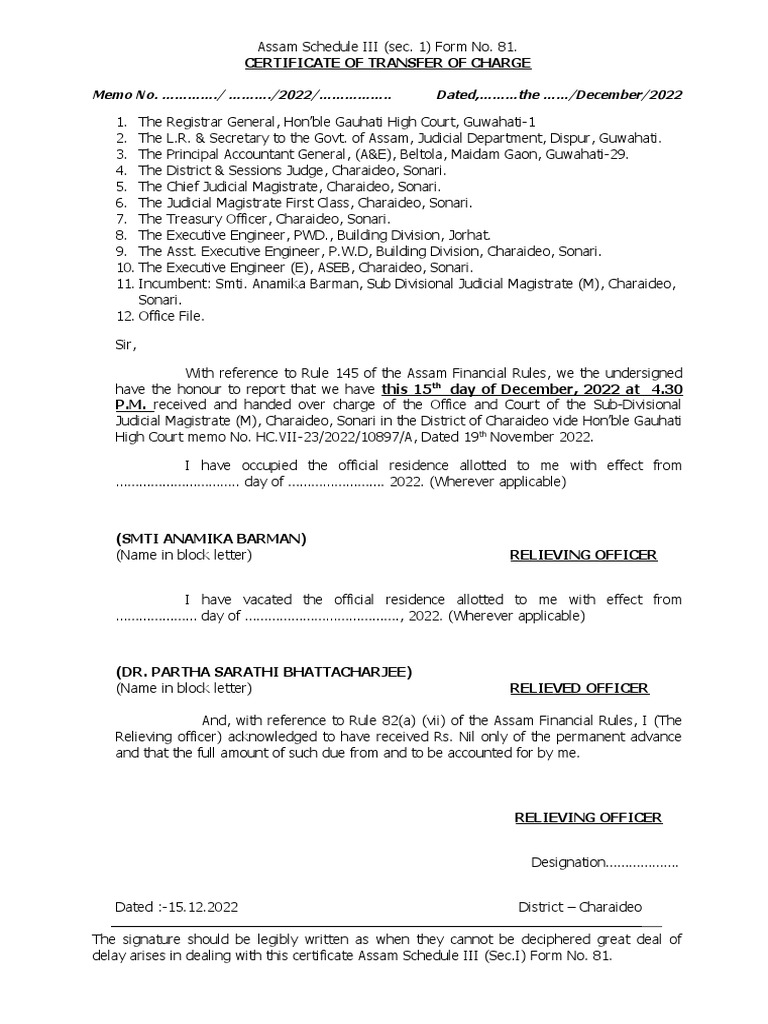 Transfer of Charge Certificate Documenting the Handover of ...