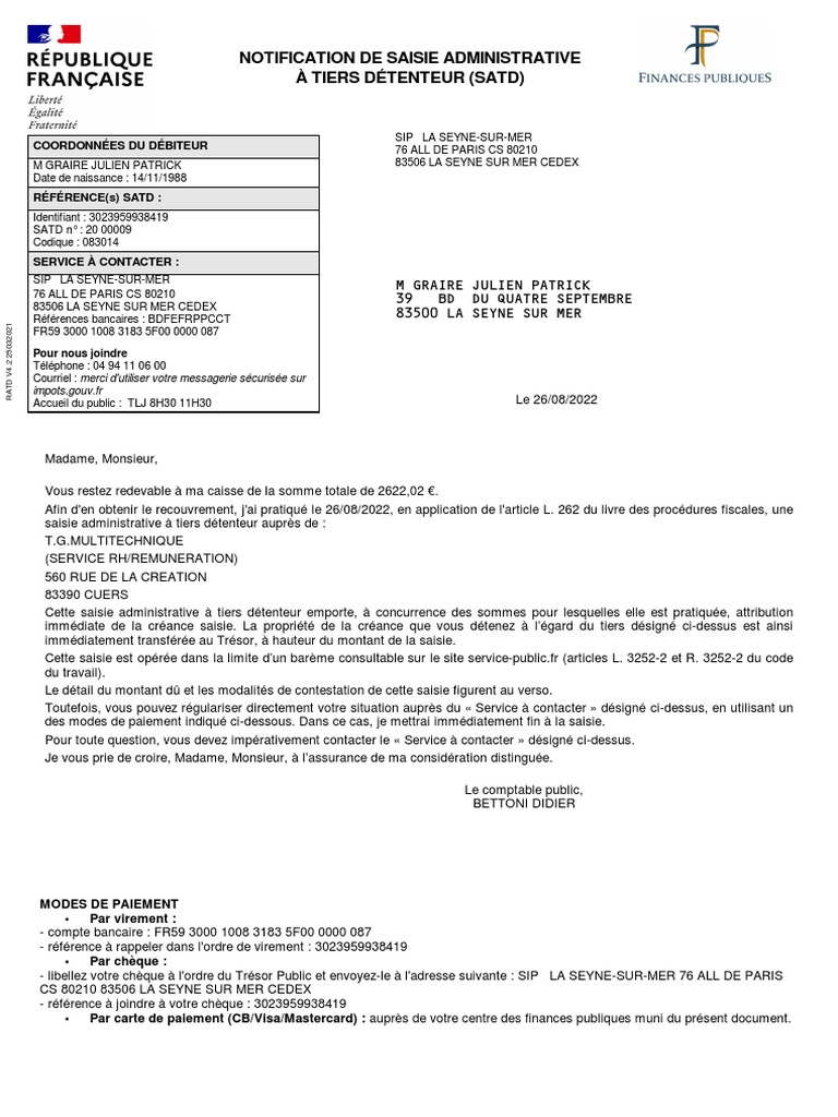 Notification D Avis A Tiers Detenteur | PDF | Impôts | Argent Notification D Avis A Tiers Detenteur | PDF | Impôts | Argent
