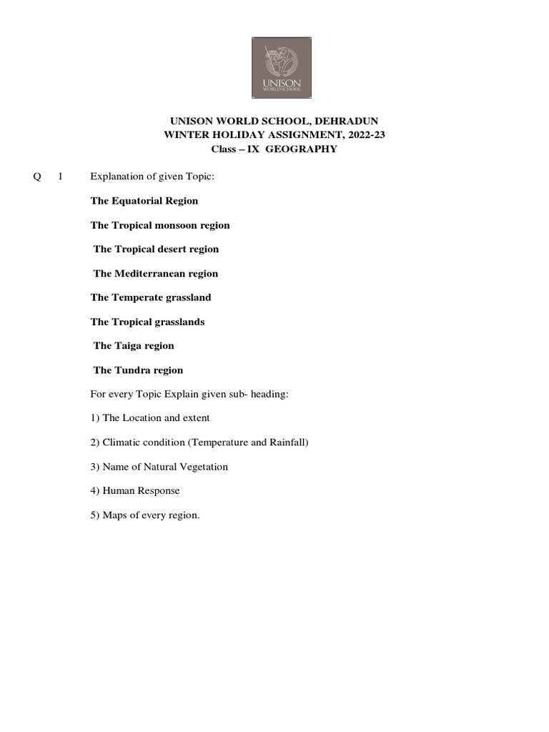 Grade IX Geography Winter Holiday Assignment | PDF