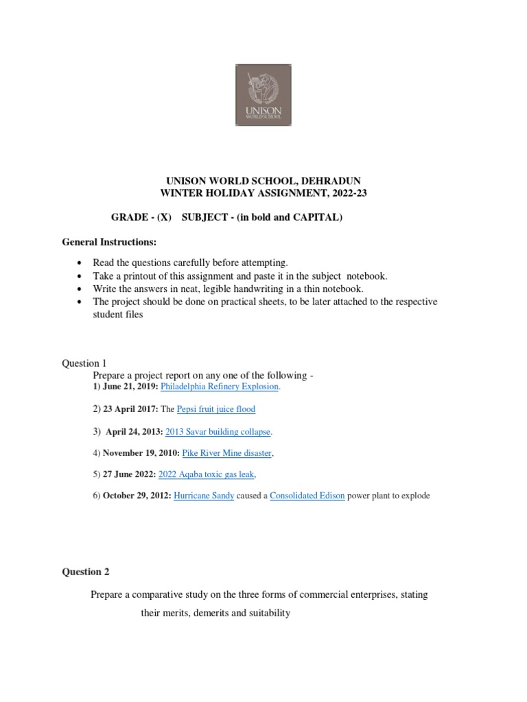Winter Holiday Assignment Grade X | PDF