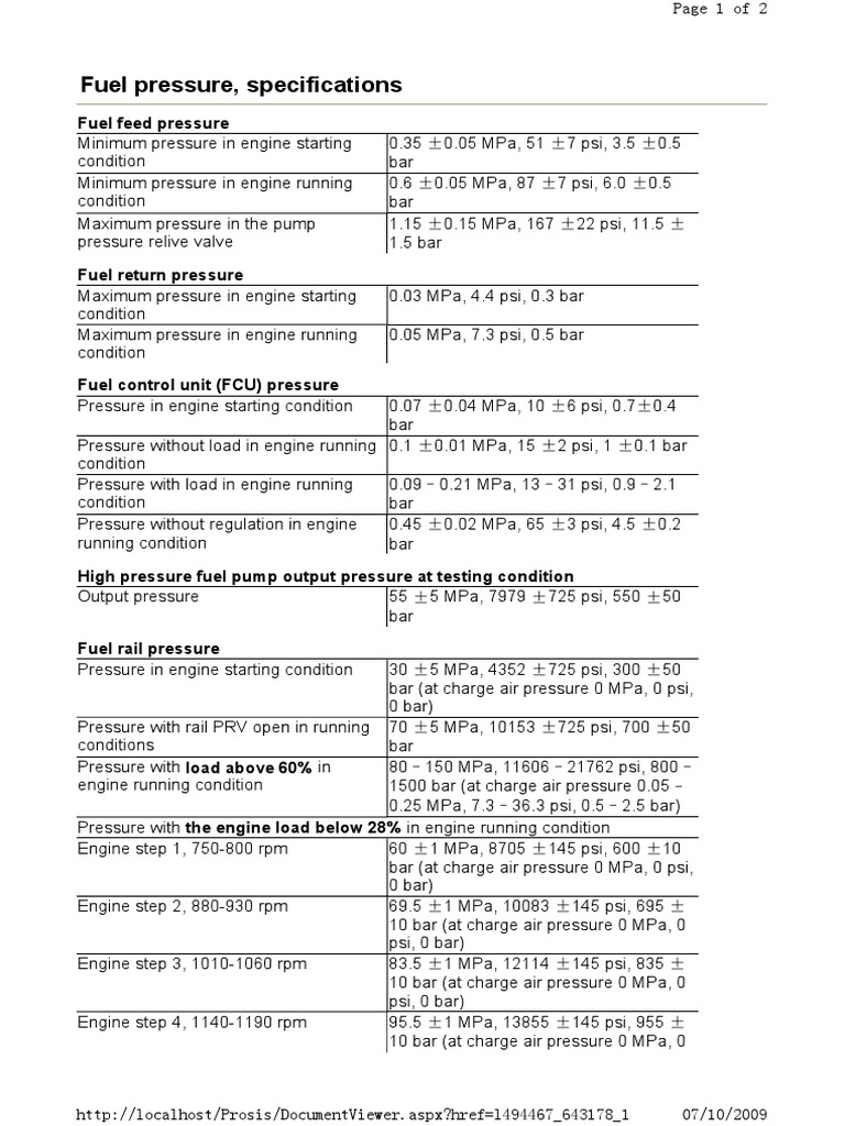 Fuel Pressure Specifications Overview | PDF | Pascal (Unit) | Pump