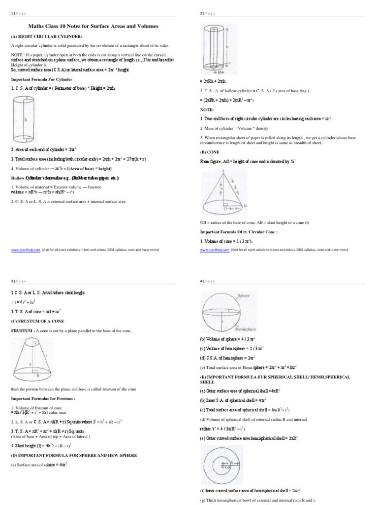 Class 10 Surface Area and Volume Formulas | PDF | Sphere | Area