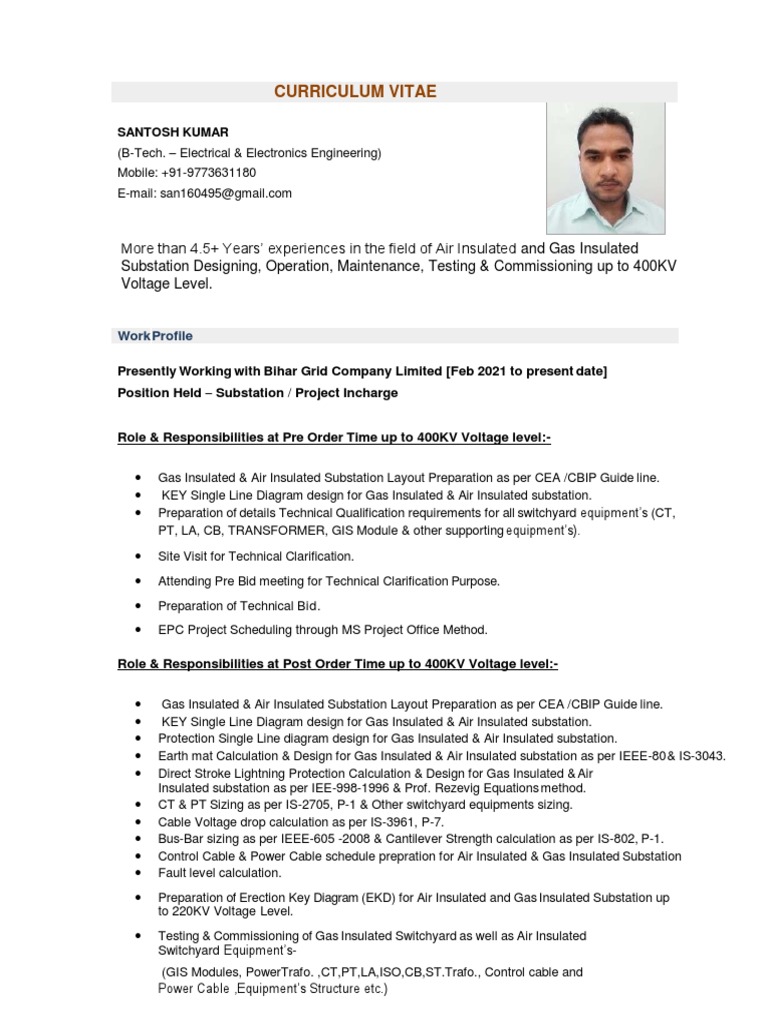 Substation Design Engineer CV | PDF | Electrical Substation | Insulator ...
