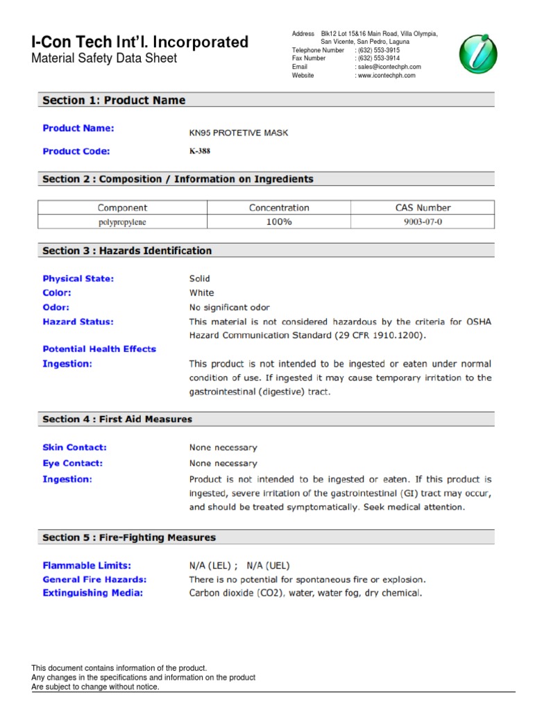 MSDS KN95 Protective Mask (K388) | PDF