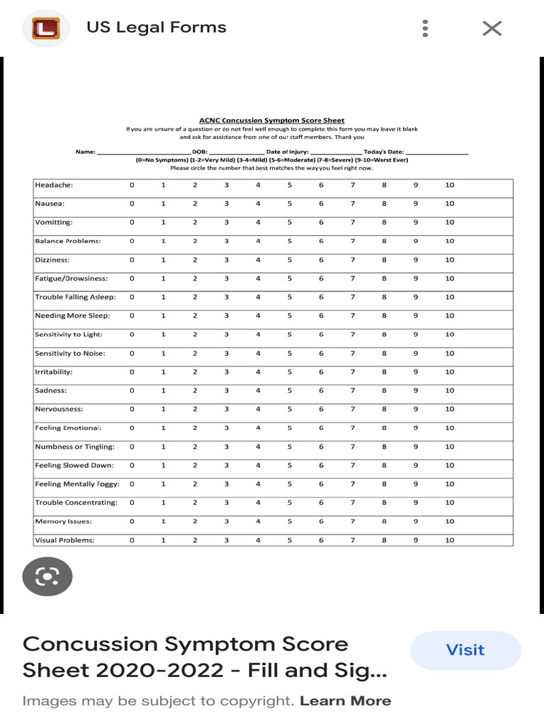 Concussion Symptom Score Sheet - Google Search | PDF