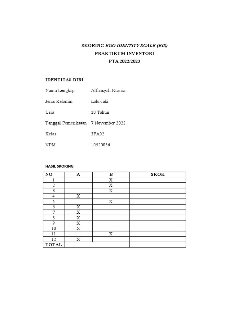 Skoring Ego Identity Scale 2022 | PDF