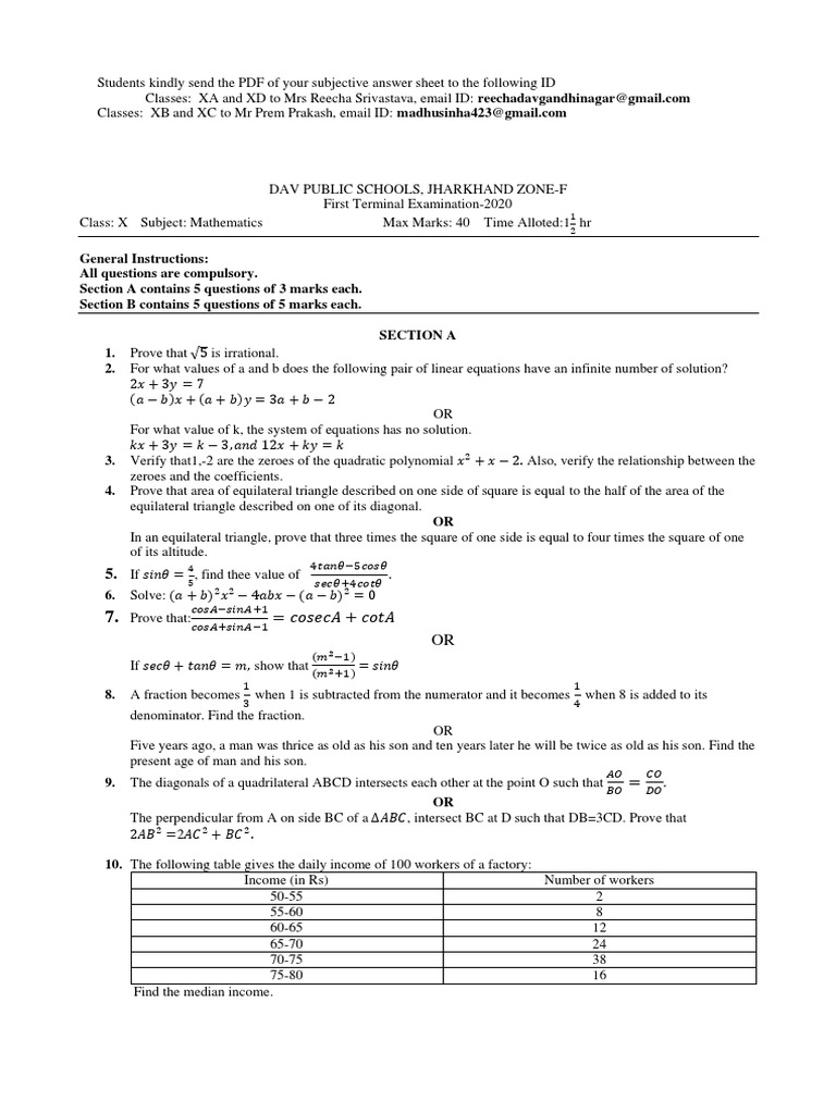 DAV PUBLIC SCHOOLS SA1-2020 Mathematics Class X | PDF | Equations | Numbers