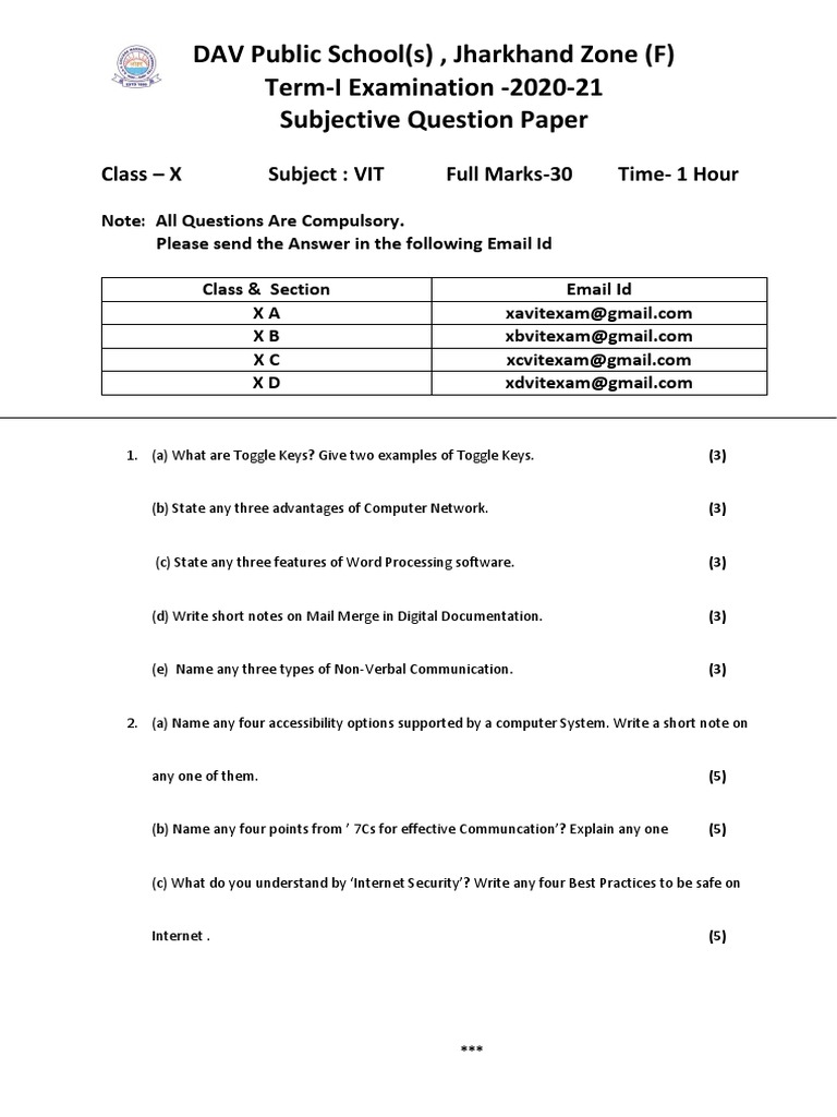 Class X Subjective Question Paper | PDF