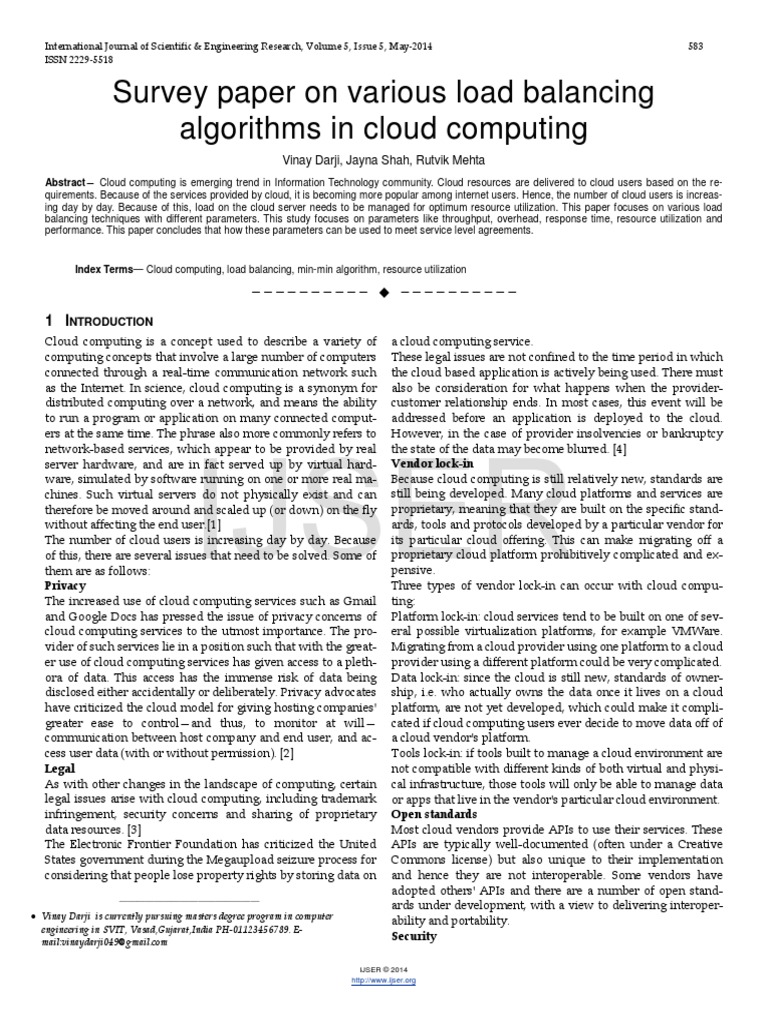 2014 Survey Paper On Various Load Balancing Algorithms In Cloud Computing Pdf Cloud