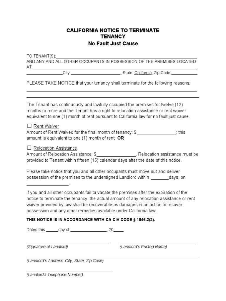 California Notice To Terminate Tenancy For No Fault Just Cause | PDF ...