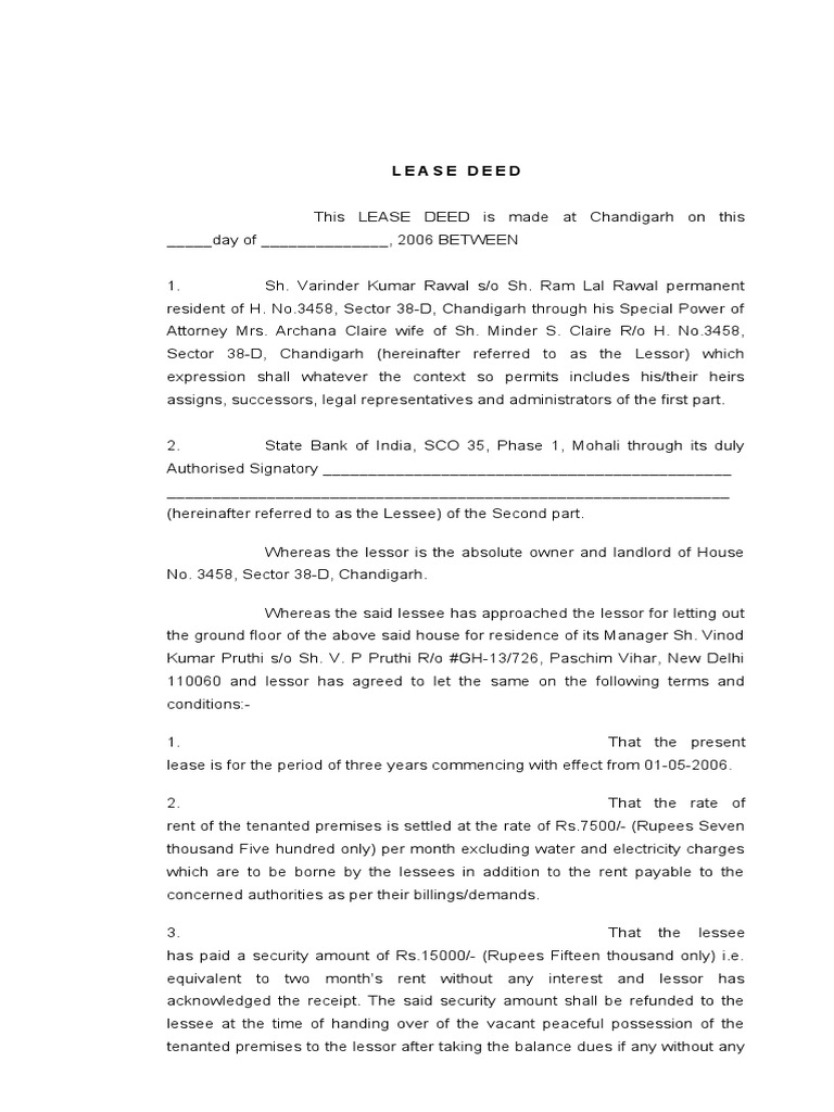 LEASE DEED Sample | PDF | Lease | Leasehold Estate