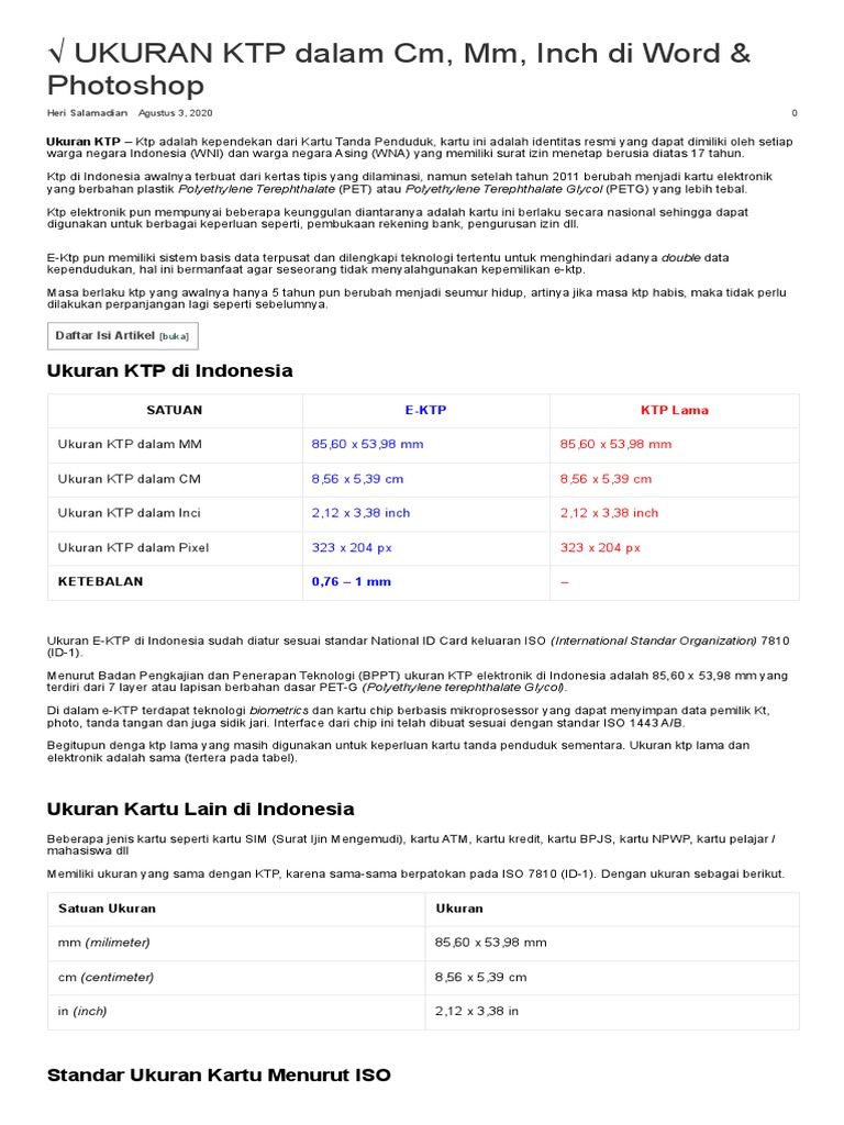 UKURAN KTP Dalam CM, MM, Inch Di Word & Photoshop - Salamadian | PDF