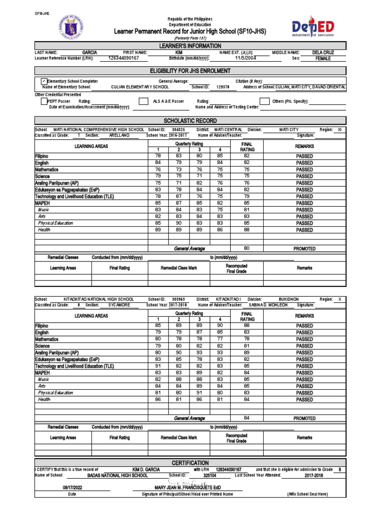 Garcia Kim Sf10 | PDF | Middle Schools
