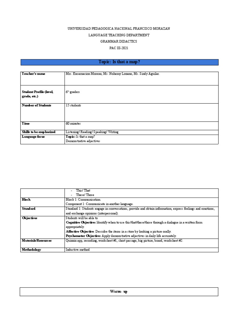 Demonstrative Adjectives Lesson Plan | PDF | Teachers | Linguistics