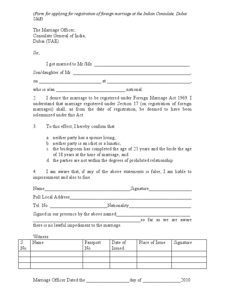 Form For Applying For Registration of Foreign Marriage | PDF