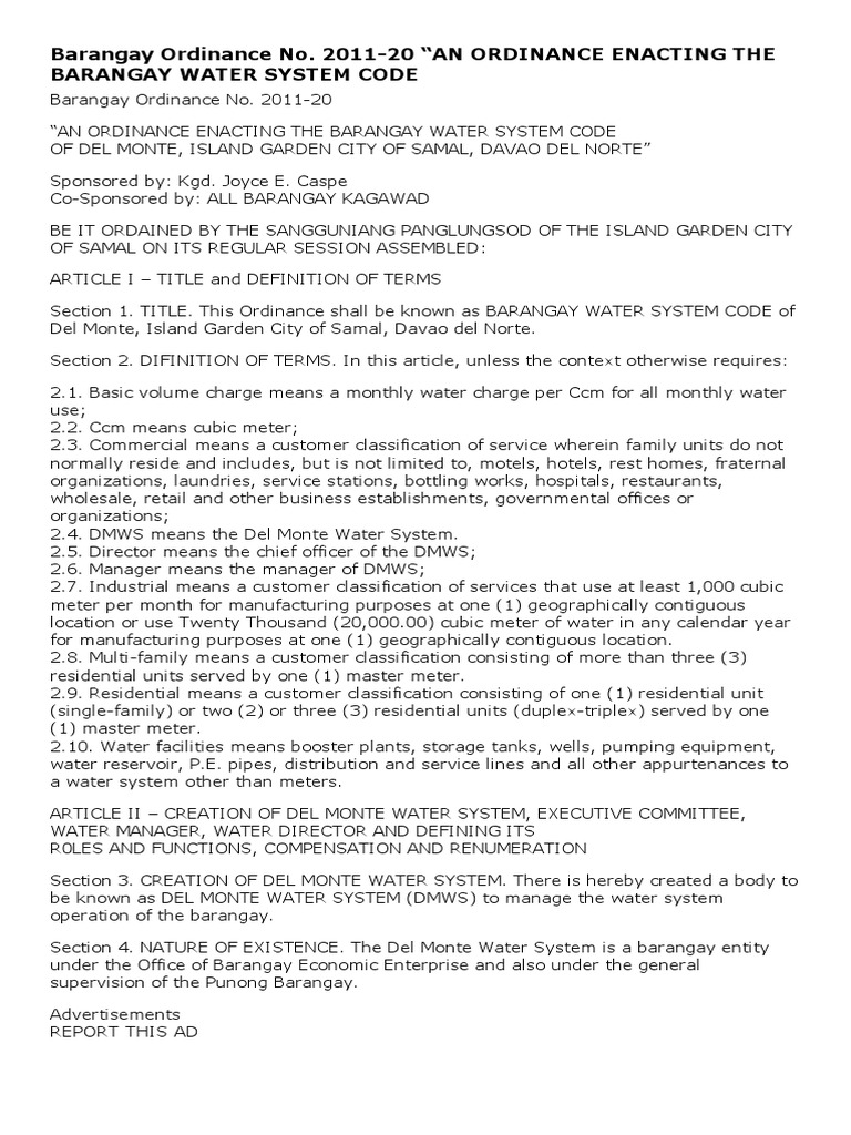 Barangay Water System Code Ordinance | PDF | Fee | Water
