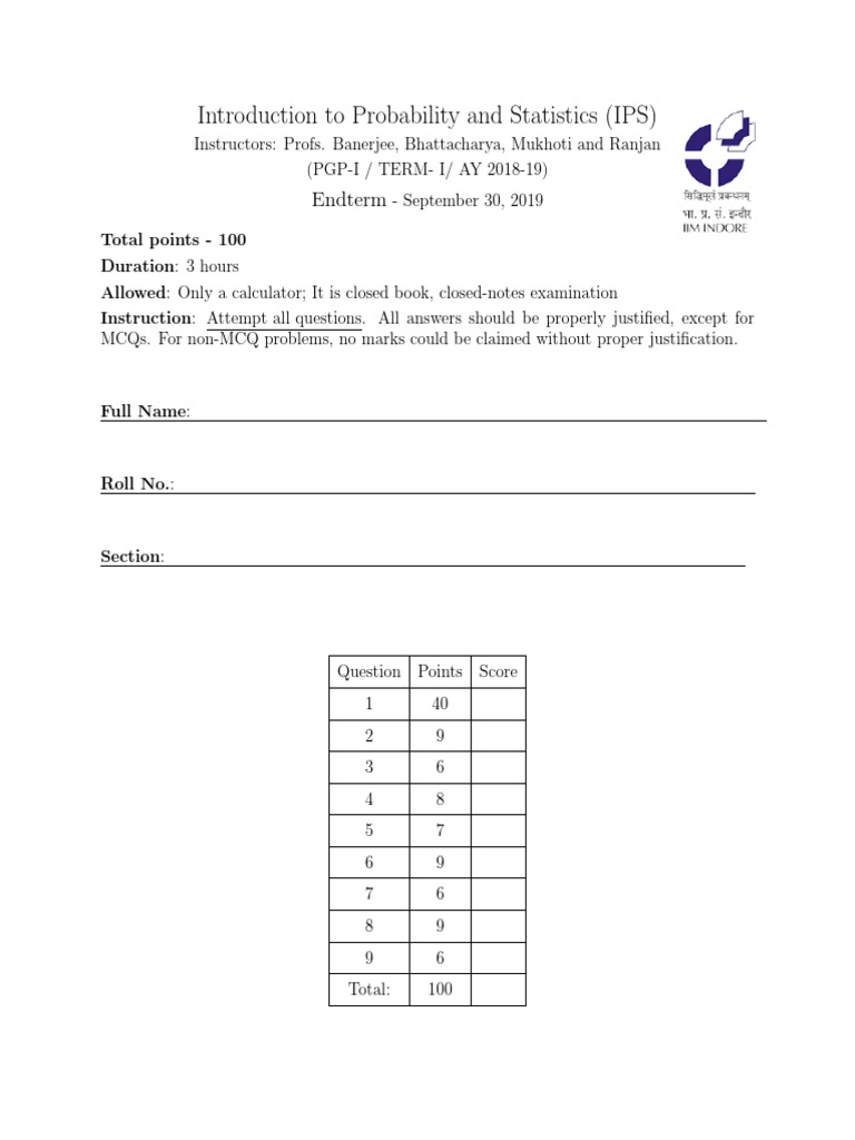 Introduction To Probability and Statistics (IPS) : Endterm | PDF ...