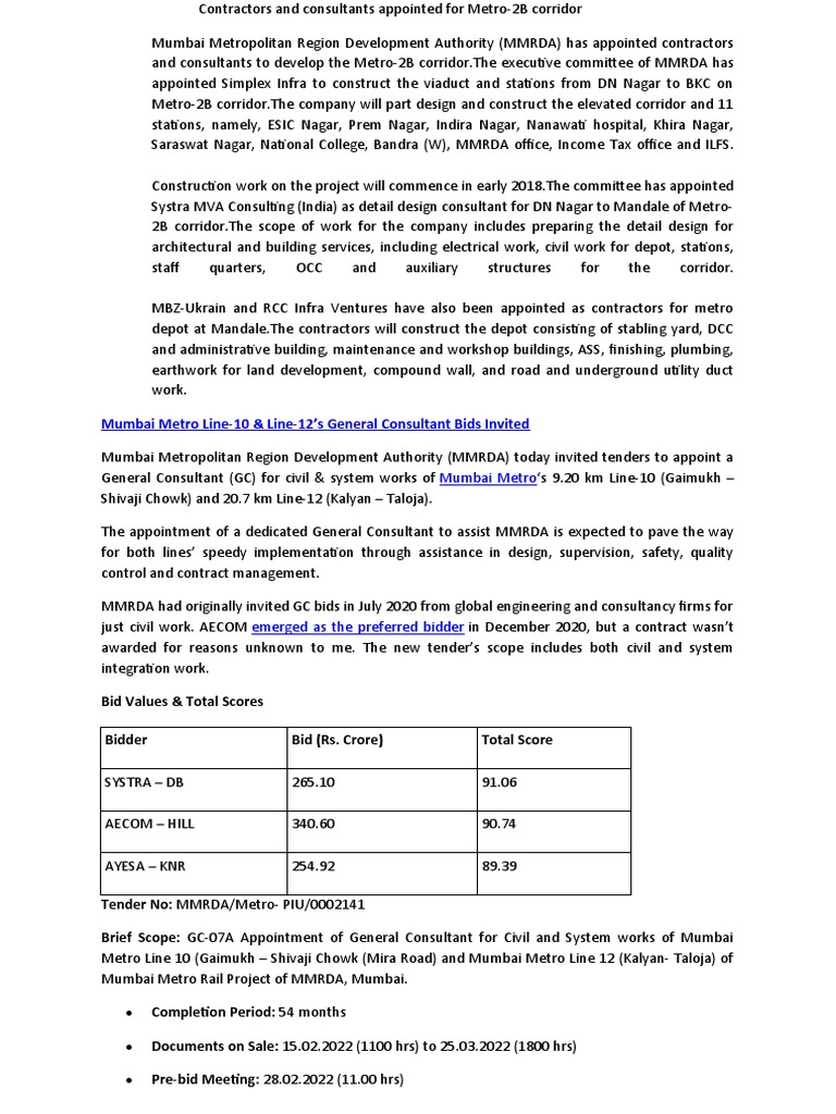 MMRDA Metro-2B Contractors and Consultants | PDF | Rapid Transit