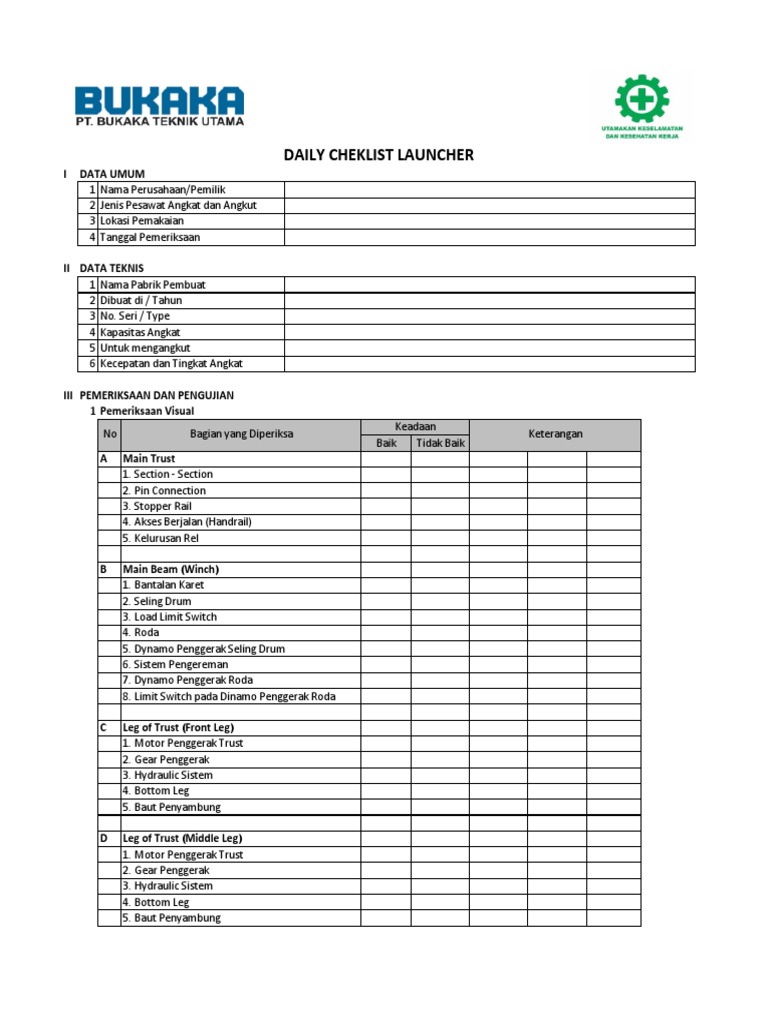 Daily Cheklist Inspeksi Launcher | PDF