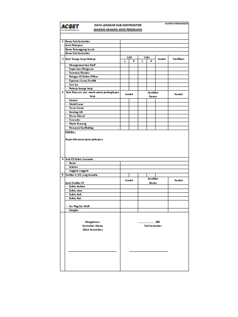 AI-SHEN-FORM-058-00 Form Data Lengkap Sub Kontraktor Masing-Masing ...