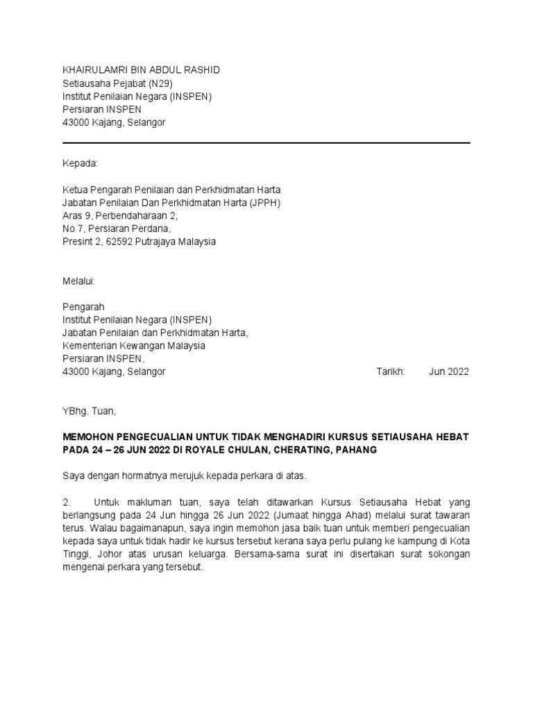 Contoh Permohonan Surat Tolak Kursus Edited | PDF
